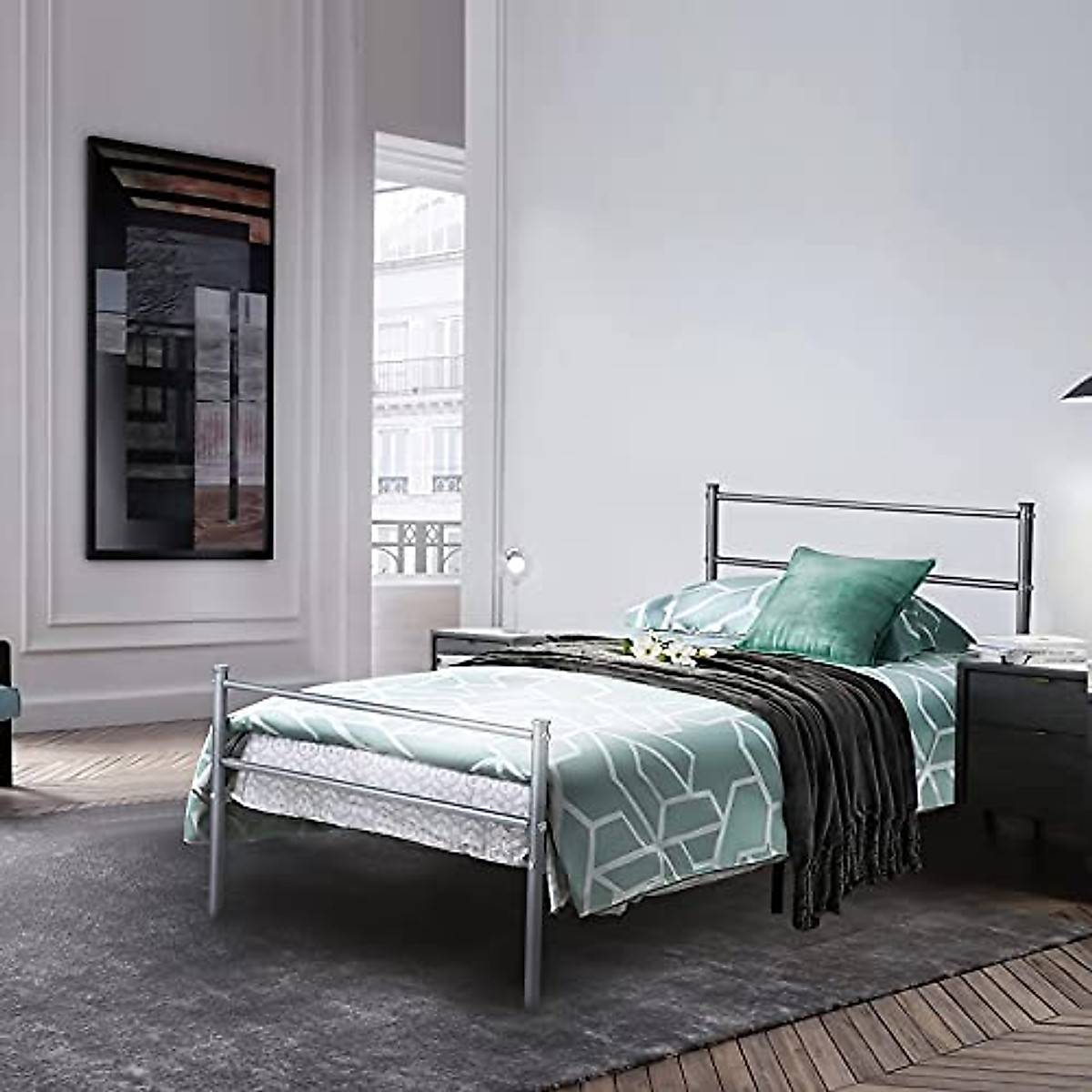 Voilamart Twin Metal Bed Frame with Storage,Silver Grey Bed Frames with Headboard and Footboard, No Box Spring Needed, Platform Bed Frame for Kids