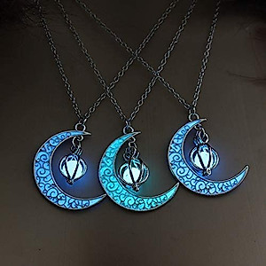 Rckcu Glow in The Dark Silver Crescent Moon and Orb Necklace - Glowing Blue Moon Charm - Magical Fantasy Fairy Glowing Necklace - Glow Jewelry (blue-green)