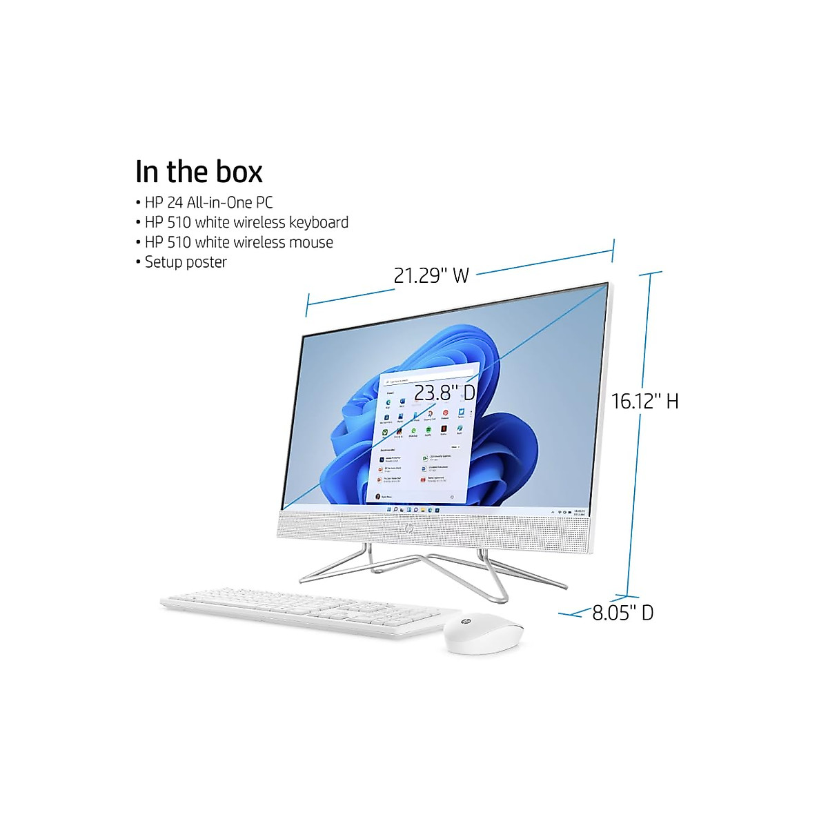 HP 24 All-in-One PC, Intel Core i3-1115G4, 4GB RAM, 256GB SSD, Full HD Micro-Edge Display, 720p Privacy Webcam, Wi-Fi and Bluetooth Combo, Snow White, Windows 11 Home (Renewed)