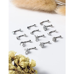 Vsnnsns 16G Rook Daith Piercing Jewelry Stainless Steel 8mm Curved Barbell Eyebrow Rings Helix Tragus Belly Lip Rings CZ Piercing Jewelry Cartilage Daith Rook Earrings for Women Men 12pcs Silve