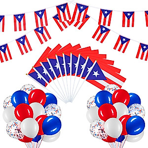 54 Pcs Puerto Rico Party Decorations Set 2 Puerto Rican Flag Banners 10 Puerto Rico Mini Hand Held Flags 40 Blue Red White Confetti Latex Balloons for Patriotic Anniversary Veterans Day