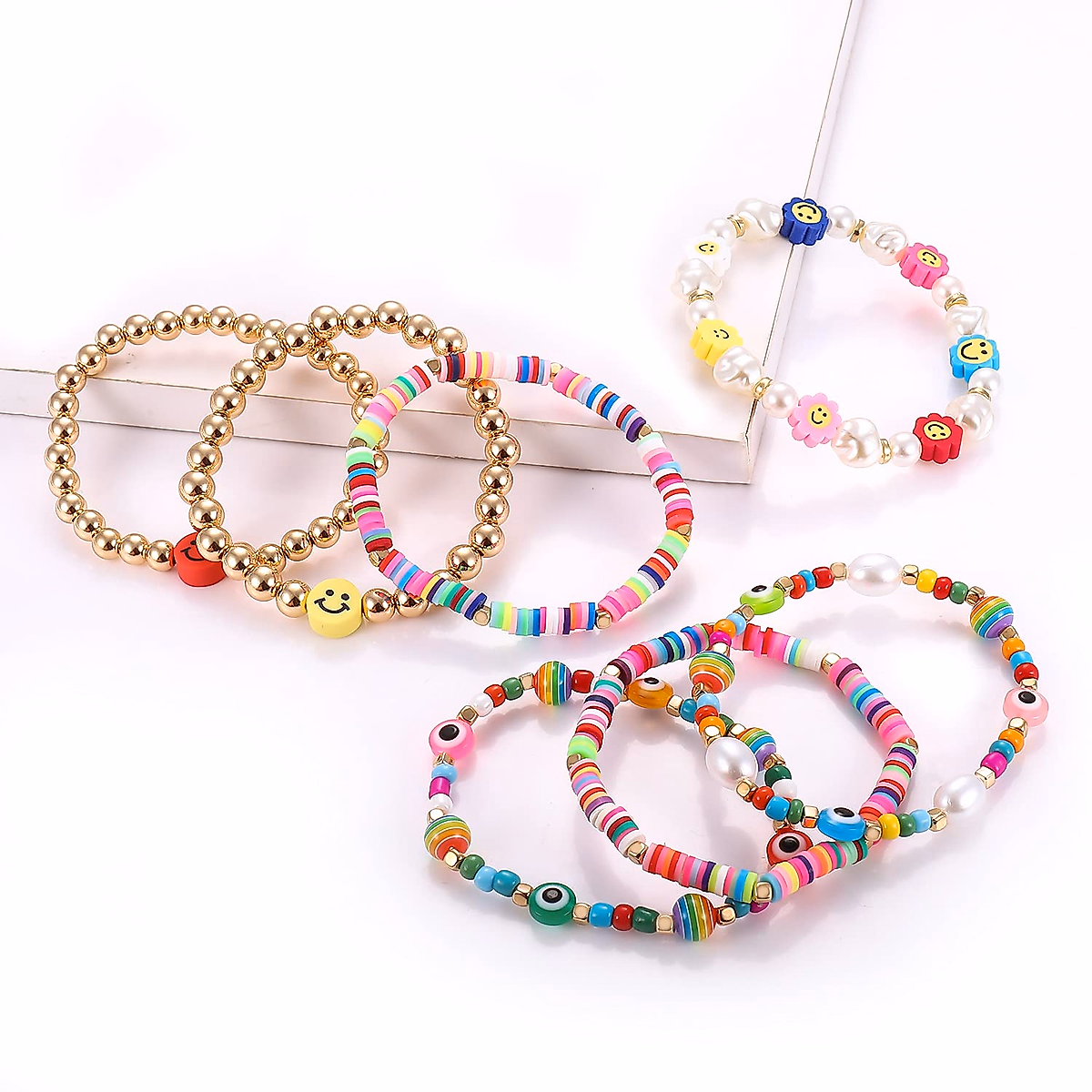 Beaded Stretch Bracelets for Women Rainbow Heishi Bracelet Set Colorful Clay Flower Evil Eye Gold-tone Beads Bracelet Summer Beach Bracelet Jewelry