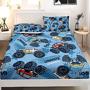 AILONEN Truck Fitted Sheet Set for Boys,Graffiti Blue Monster Truck Bedding Set Twin Size for Kids Boys Teens for Bedroom Decor,1 Fitted Sheet and 2 Pillowcases,3 Pieces