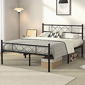 VECELO Queen Metal Platform Bed Frame with Headboard & Footboard, Steel Slats Mattress Foundation, No Box Spring Needed,Black