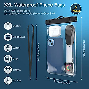 MATEPROX Large Waterproof Phone Pouch for Swimming, IPX8 Universal Waterproof Phone Case Up to 10.5" for Beach, 2 Pack Phone Waterproof Bag for iPhone 13 12 11 X Pro Max Galaxy S22 Ultra(Black)