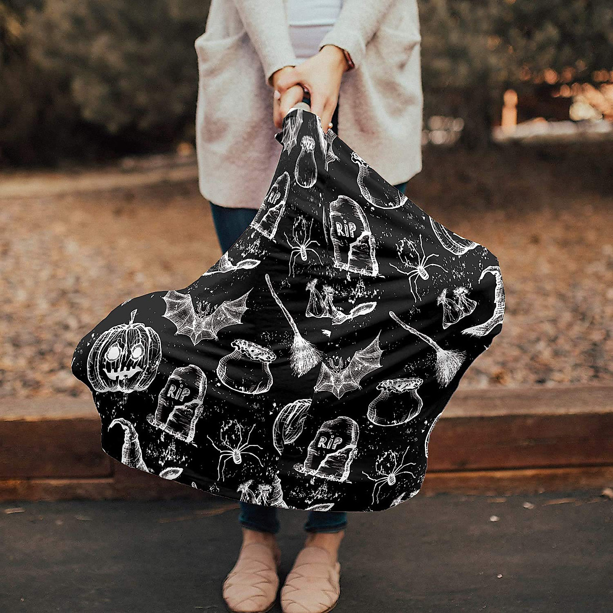 Nursing Cover for Breastfeeding Scarf Super Soft Cotton Multi Use for Baby Car Covers Canopy Shopping Cart Cover Blanket Stroller Cover-Halloween Themed Pumpkin Witch Bat Spider Black