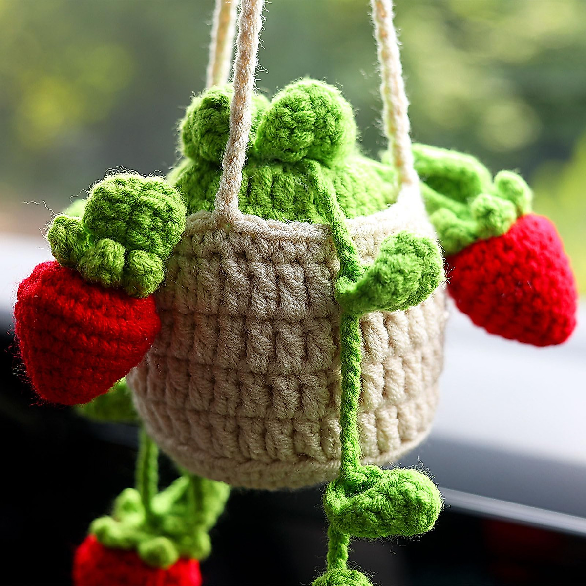 Cute Car Mirror Hanging Ornament - Decorative Rearview Mirror Accessories for Women and Girls - Handmade Knitted Crochet Plant Flower Car Accessories
