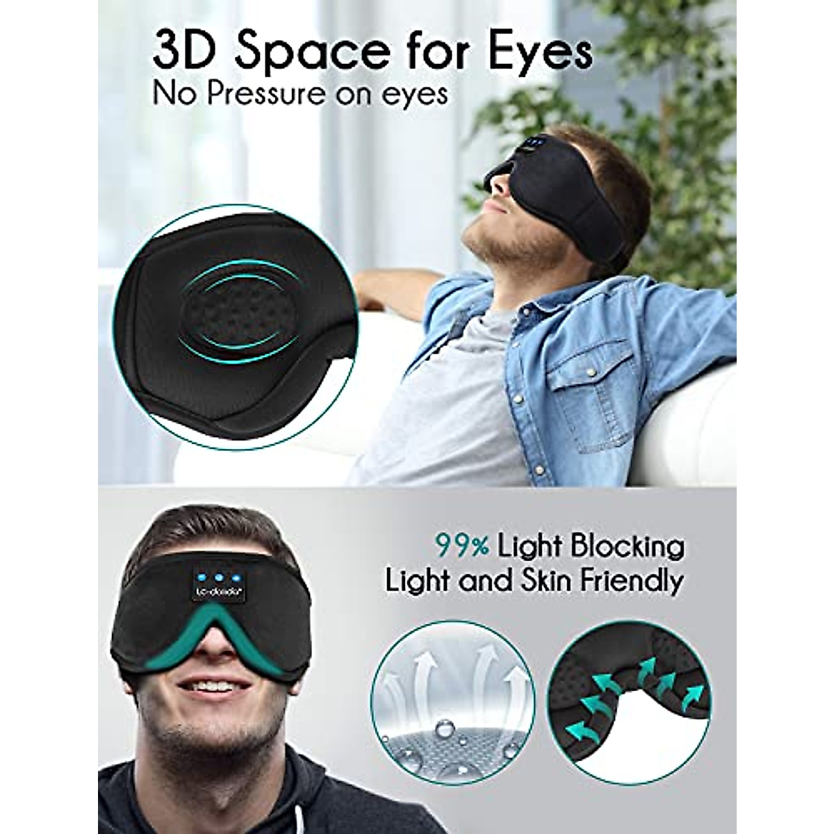 Sleep Headphones, LC-dolida Bluetooth Sleep Mask 3D Wireless Music Sleeping Eye Mask Sleeping Headphones for Side Sleepers Sleep Mask with Bluetooth Headphones Thin Stereo Speakers Gifts for Men Women