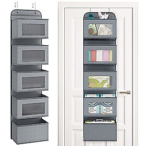 Fixwal Over the Door Hanging Closet Organizer Wall Mount Pantry Storage with 5 Large Pockets and Clear Window for Baby Nursery Bedroom Dorm Pantry Bathroom (Grey)