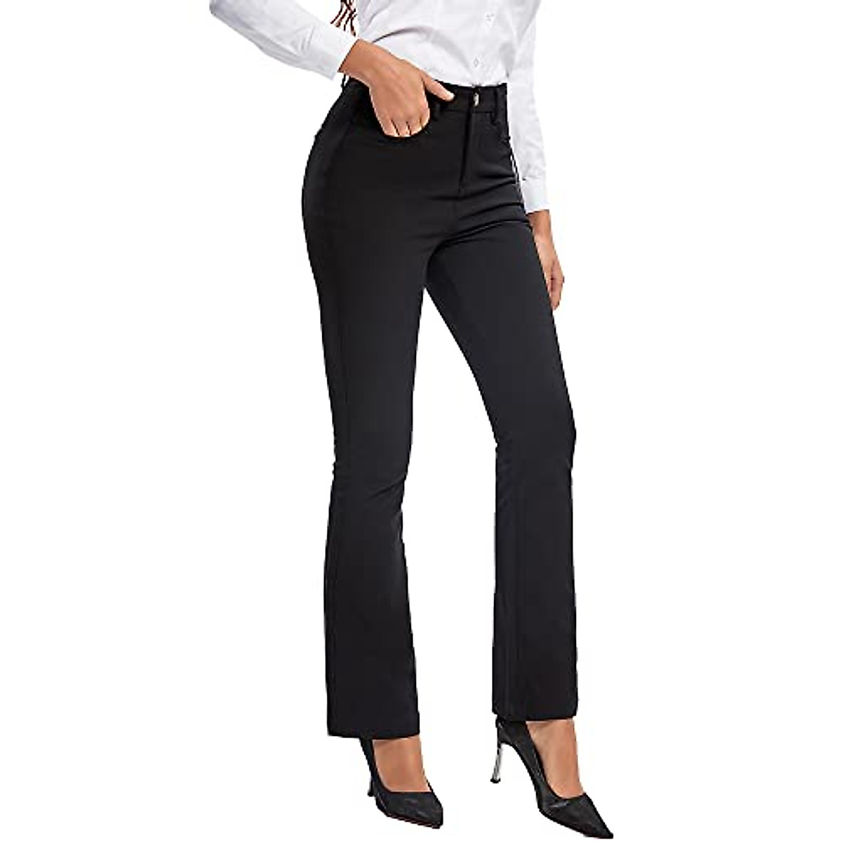 Aotasely Women's Dress Pants Stretch Bootcut Slacks Business Casual High Waisted Drapey Wrinkle Resistant Fabric Black