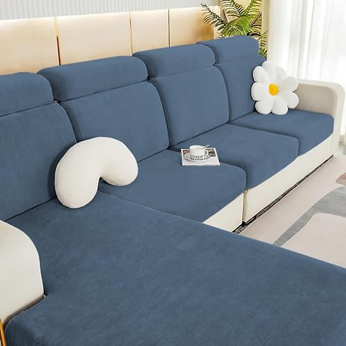 KEUNGSHEK Velvet Sofa Slipcover,Suitable for Multi-Seater Sofas,Sofa Backrest Cover,Sofa Seat Cushion Cover,L-Shaped Sofa Cover,Anti-Slip High Elasticity,L Shape Seat Cover,Stone Blue