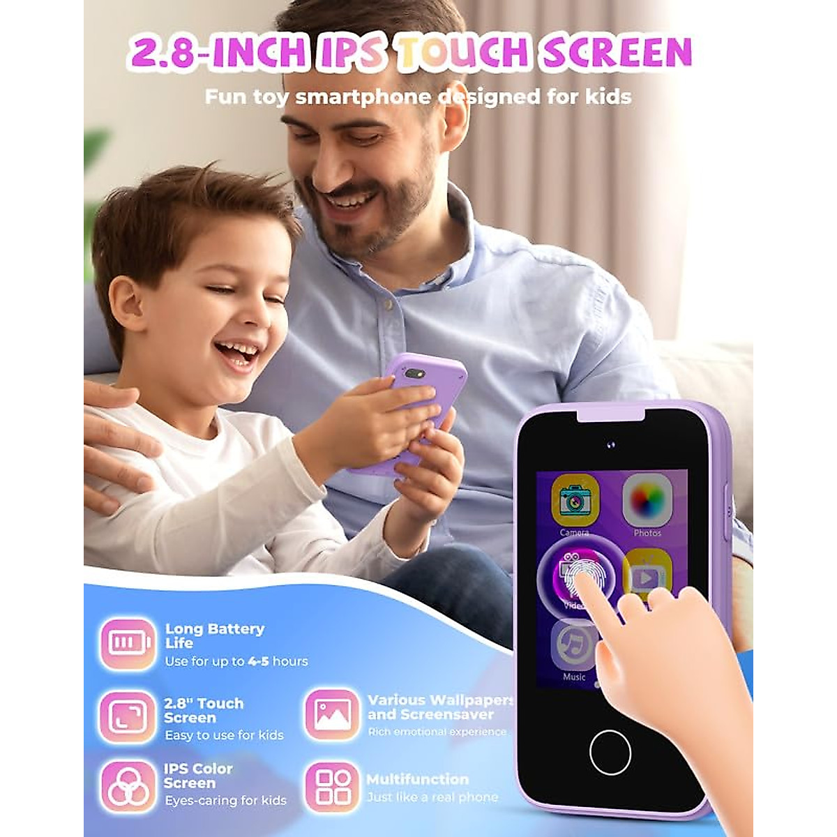 Kids Toy Smartphone, Gifts and Toys for Boys Ages 3-8 Years Old, Fake Play Toy Phone with Music Player Dual Camera Puzzle Games 8GB SD Card Touchscreen, Birthday, Kids Trip Activities