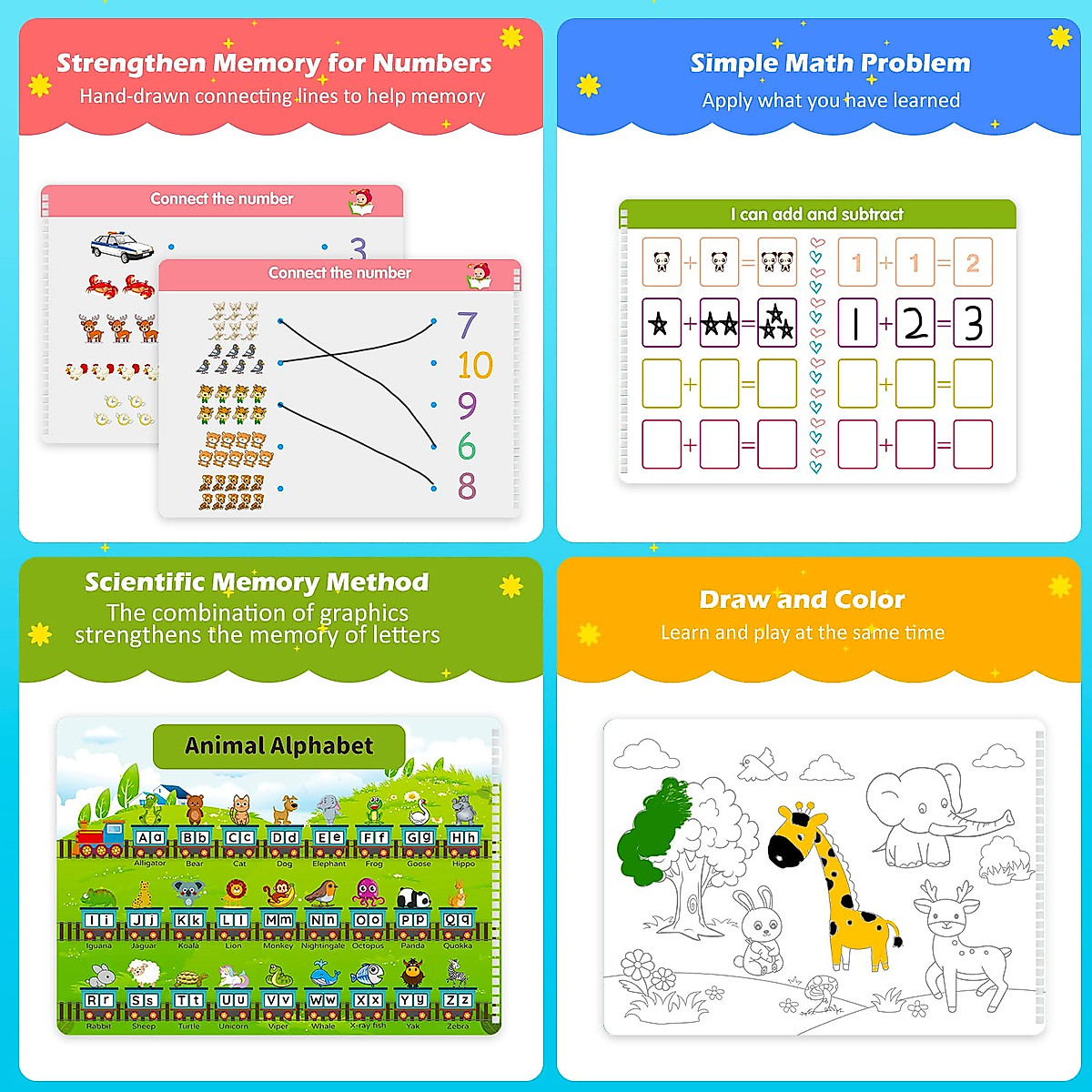 CALSPY 55 Pages Preschool Learning Activities Book+ 8 Dry Erase Markers- Montessori Handwriting Practice Alphabet Numbers Tracing Workbook for Kids Kindergartens Gifts Easter Valentines Children's Day