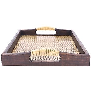 TAUFE Bed Trays for Eating Multi-Functional Wooden Serving Trays with Handle Rectangle Handmade Rattan Bamboo Tea/Oil Trays Dessert/Coffee/Fruits Plate 30.