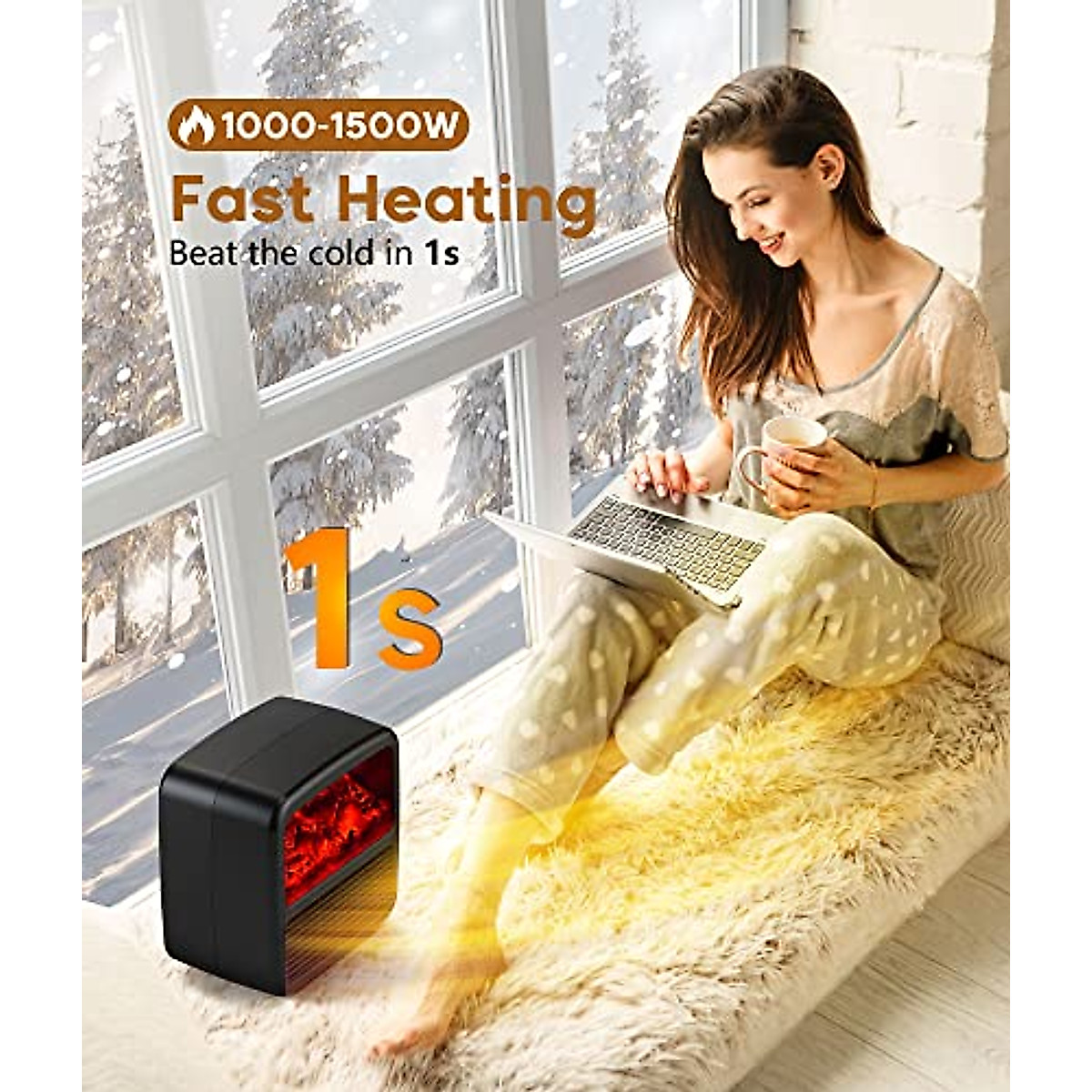COSYAIREY Space Heater Fireplace, Energy Efficient Space Heater Dynamic Flame Effect, 30% Energy Saving,1s Fast Heating Electric Space Heaters for Indoor Use, Electric Space Heater Tip-Over Protection