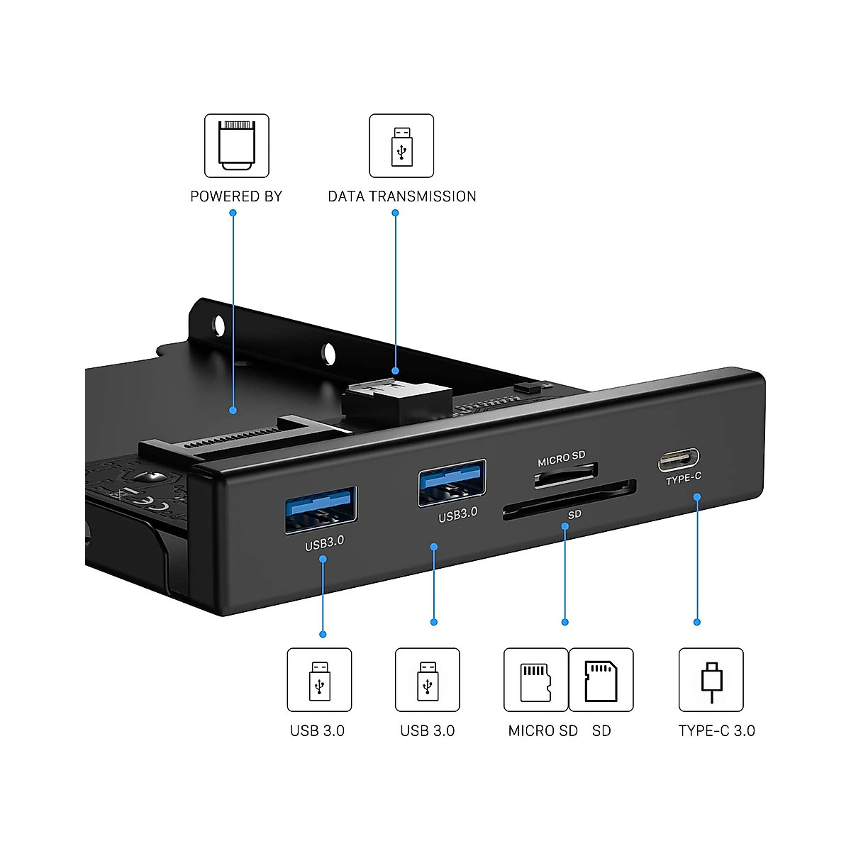 BYEASY Front Panel USB 3.0 Hub, 5 Ports 3.5 Inches Internal Metal USB Hub with 2 USB 3.0 Ports, SD/TF Internal Card Reader and USB 3.1 Gen 1 Type C Port Fits Any 3.5" Floppy Disk Bay