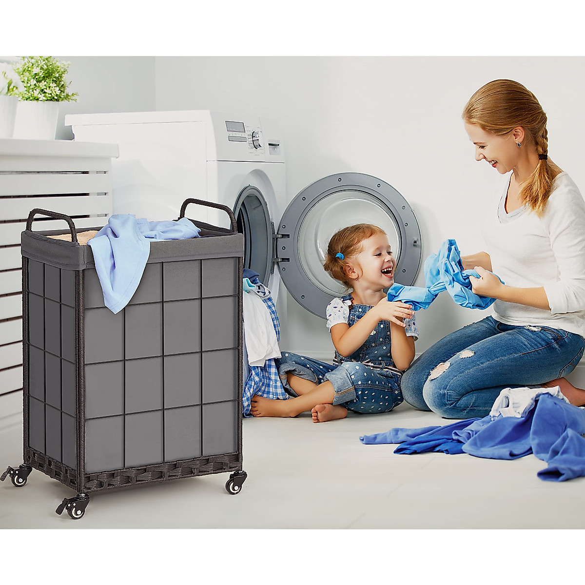 Laundry Hamper with Heavy Duty Rolling Lockable Wheels; Durable Laundry Basket with Detachable Liner Bag; Collapsible Clothes Hamper with Metal Handle (Grey)