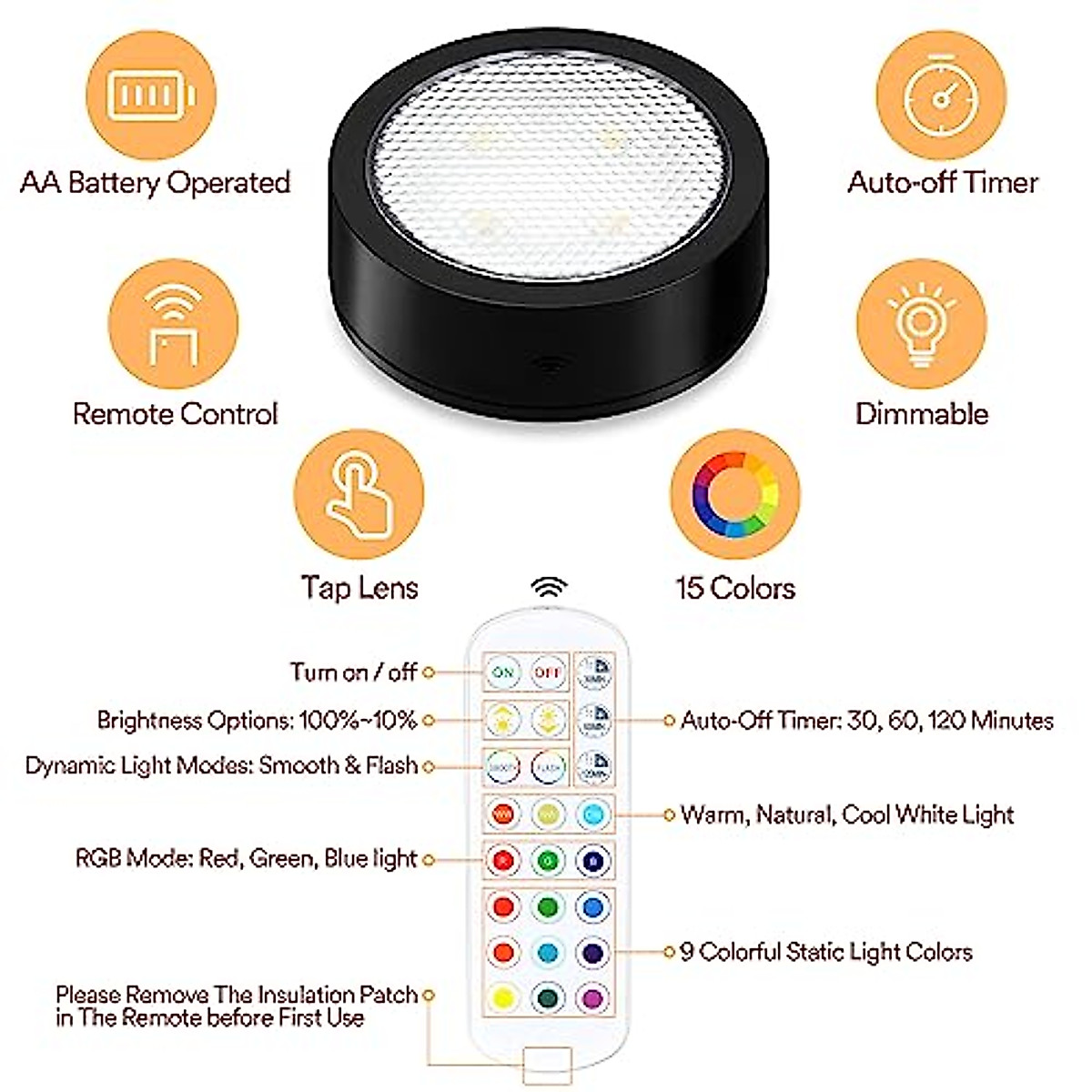 TECOMLIGHT LED Puck Lights with Remote & Timer, Battery Operated Wireless Under Cabinet Lights, Stick on Tap Light, RGB & Warm White Under Counter Light for Kitchen, Closets, Shelf, 5 Pack - Black