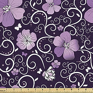 Ambesonne Floral Fabric by The Yard Butterfly Silhouettes with Curlicue Flower Patterned Spring Design Swirls Decorative Fabric for Sofa Ottoman Curtain Chair Cover Sewing & Hobby 1 Yard Purple White