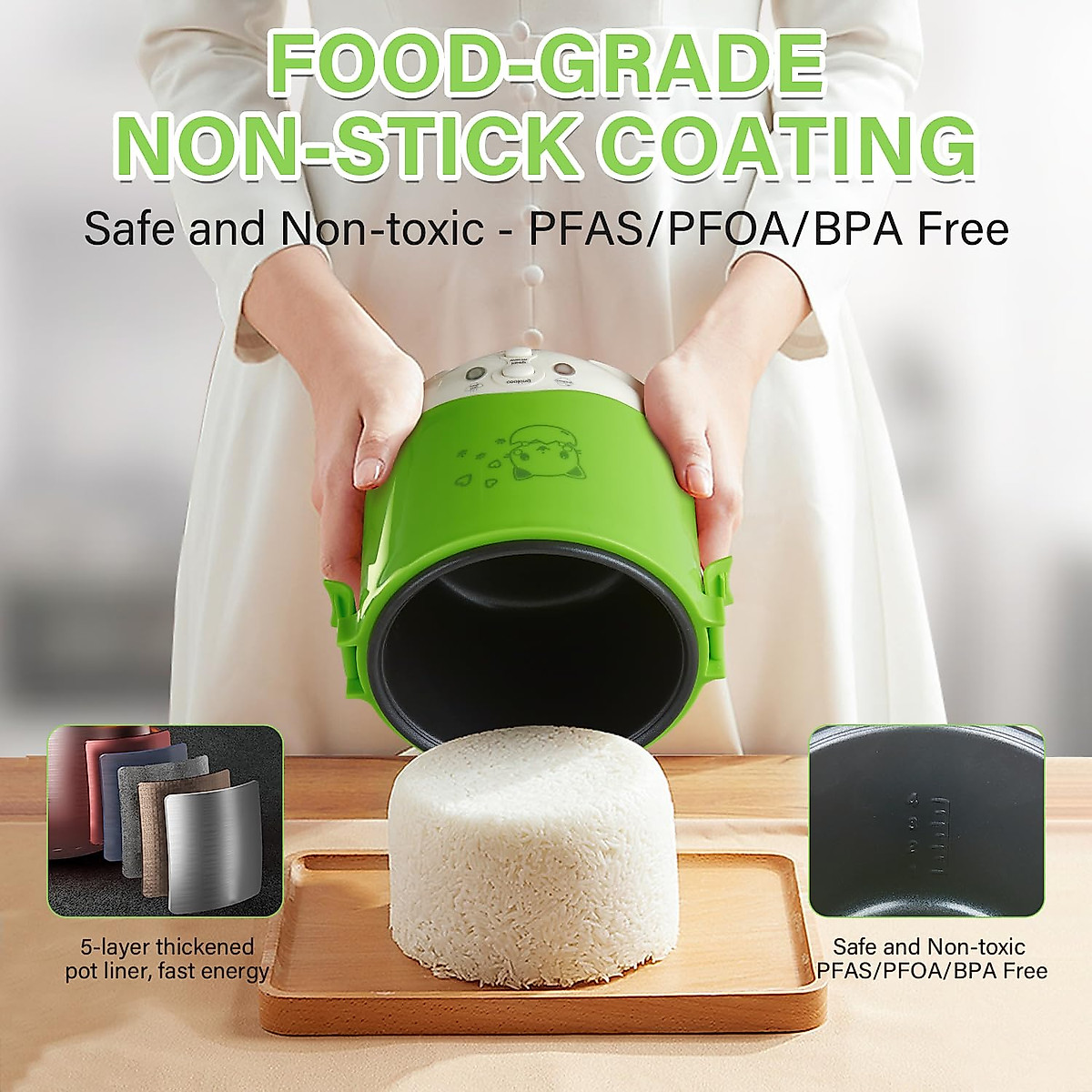 OSBA Mini Rice Cooker, 1L Travel Rice Cooker Small 12V For Car, Cooking For Soup Porridge and Rice, Cooking Heating and Keeping Warm Function(Green)