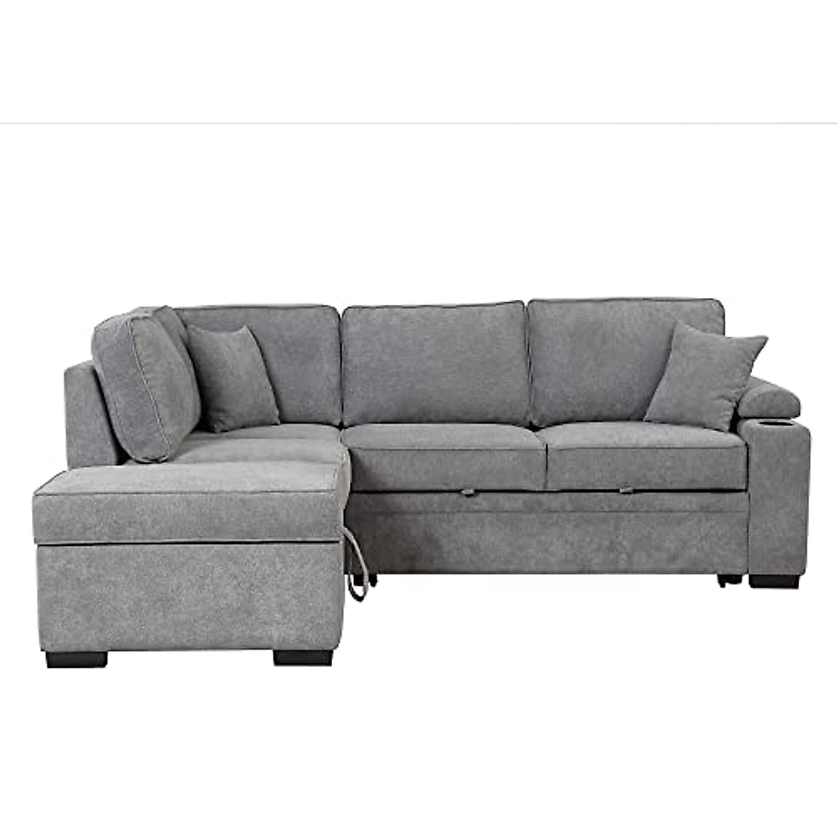 Polibi 5-Seat Sleeper Sofa Bed with Storage Ottoman, USB Charging Ports, Cup Holder on Armrest and 2 Pillows, L-Shape Convertible Pull-Out Sofa Upholstered Couch for Living Room, Grey