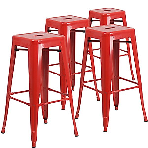 Flash Furniture Lily 4 Pack Commercial Grade 30" High Backless Red Metal Indoor-Outdoor Barstool with Square Seat