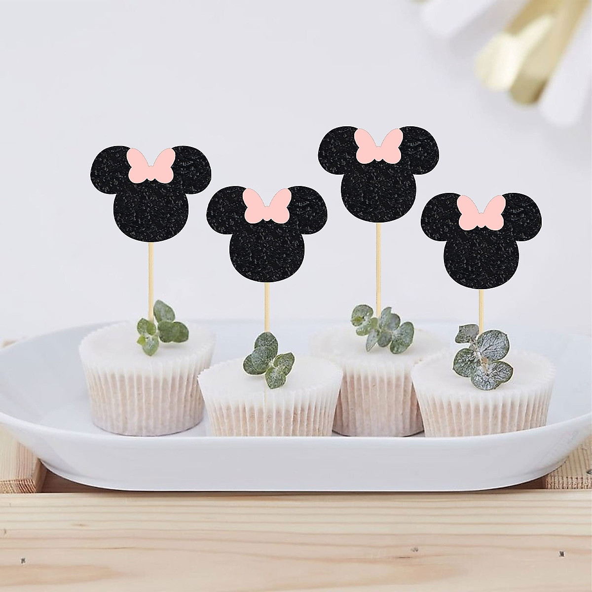 Gyufise Mouse Inspired Cupcake Toppers with Bow Black and Pink Glitter Mouse Cupcake Picks Baby Shower Wedding Kids Birthday Party Cake Decorations Supplies 36 Pack