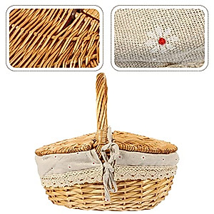 BESTonZON Wicker Storage Basket Wicker Picnic Basket with Gingham Liner Wooden Lid Easter Egg and Candy Basket Wine Basket Storage Basket for Beach Camping Park Outdoor Party Beige Storage Baskets