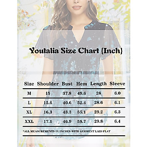 Youtalia Womens Petite Tunic Tops Short Sleeve, Ladies Blouses and Tops Dressy V Neck Floral Work Blouses Polyester Shirts Fancy Women Tops Evening Party Layered Dress Shirts Blue Sakura M
