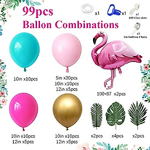 Sugoiti Flamingo Tropical Balloons Garland Arch Kit Rose Red Light Pink Cyan Metallic Gold 99PCS Latex Balloon for Hawaiian Luau Safari Jungle Wild Animal Kids' Birthday Party
