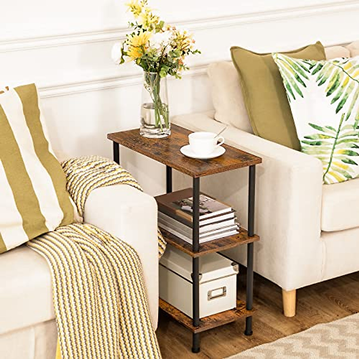 HOOBRO Side Tables Set of 2, 3-Layer Stackable End Table, Stable Bedside Table for Small Space in Bedroom, Living Room, Hallway, Easy Assembly, Industrial Style, Rustic Brown BF48BZP201