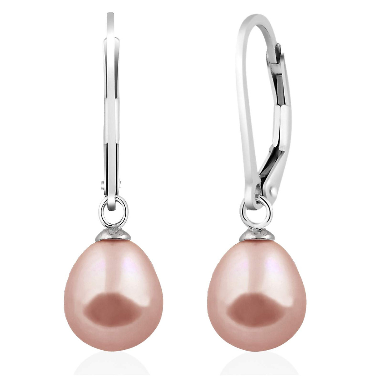 Splendid Pearls 925 Sterling Silver 8mm Genuine Pearls Freshwater Cultured Lever-back Dangling Earrings for Women (Pink)