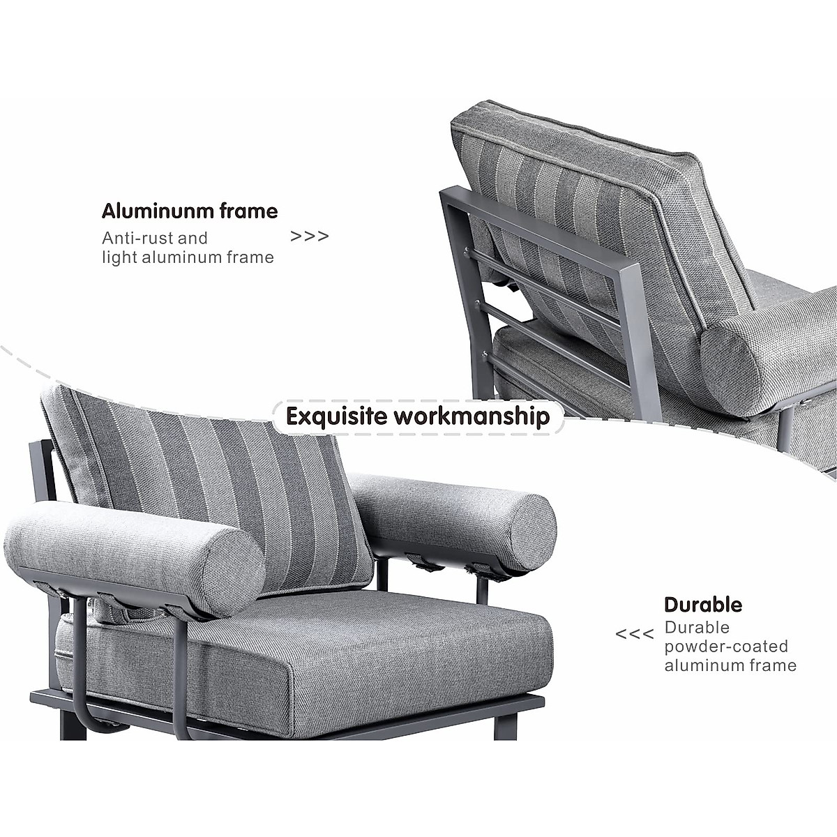 ovios Patio Furniture Set 6 Pieces Outdoor Aluminum Sofa Couch with Coffee Table Ottomans Cushions High Back Sofa All Weather Conversation Set, Black-Grey Stripe