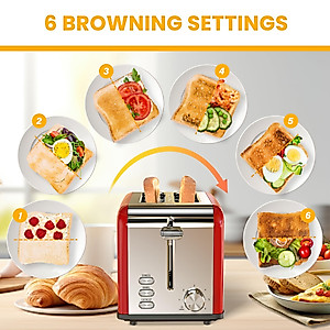 Simple Deluxe 2-Slice Toaster, Stainless Steel Toaster, 6 Browning Setting and 3 Function, Extra Wide Slot & Removable Crumb Tray, for Bread & Waffle, Red