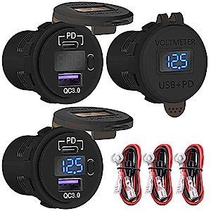DaierTek 12V USB C Car Charger Socket, 12V USB Outlet, 48W PD Type C & QC 3.0 12 Volt Dual USB Charging Port Waterproof with Voltmeter & ON/Off Switch for Car Marine Boat Golf Cart -3Pack