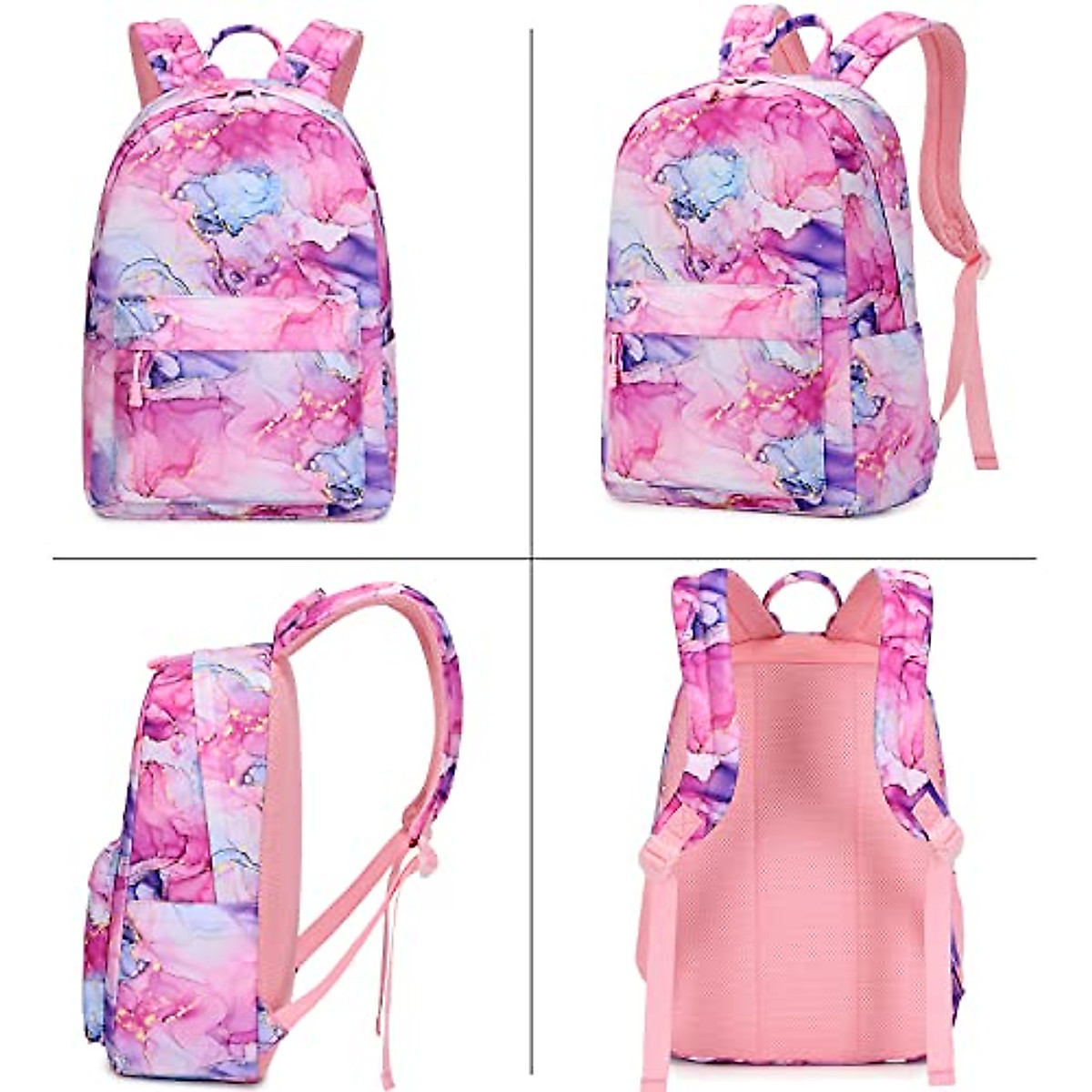 Biesena.h Backpack For Girls School Backpack Set With Lunch Box Kids Book Bag Toddler Backpack Waterproof Travel Bag (Red-Marble)