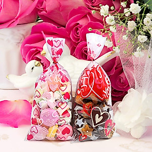 DIYASY Valentine Cellophane Candy Bags,150 Pcs Treat Bags Heart and Love Shape Goodie Bags with 180 Twist Ties for Valentine's Day Party Favor