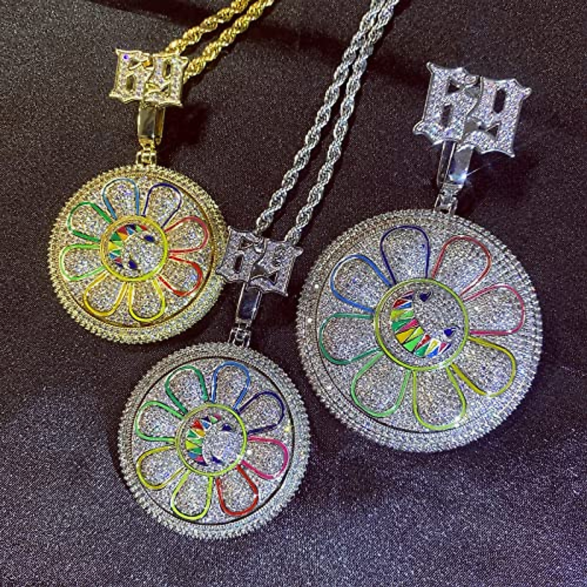 ICEDIAMOND 14K Full CZ Diamond Spin-Up Daisy Painted Rotating Pendant Crazy Chain Necklace, Gold Plated Iced Out Bling Zirconia Hip Hop Charm Jewelry for Men Women (White-Large)