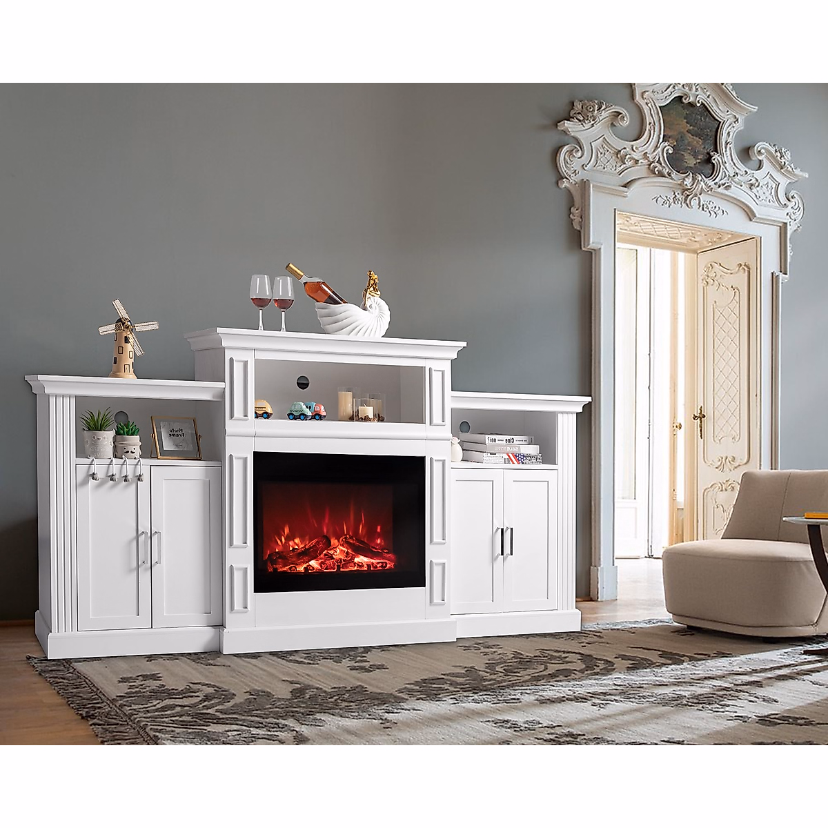 Bonnlo Electric Fireplace with Mantel, 78 inch Fireplace TV Stand Entertainment Center with 26 inch Electric Fireplace TV Console for Living Room, White