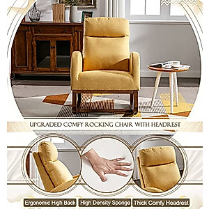 KINFFICT Comfy Rocking Chair, Upholstered Accent Glider Rocker for Baby Nursery or Relaxation, Living Room Armchair with High Back and Headrest, Modern Rocking Glider with Side Pocket, Yellow