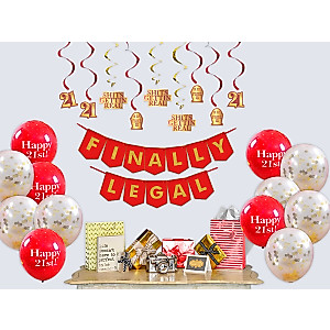 FINALLY LEGAL Red & Gold Party Pack - 21st Birthday Banner, Balloon and Swirls Pack- Birthday Decorations - 21st Birthday Party Supplies, Favors and Gifts