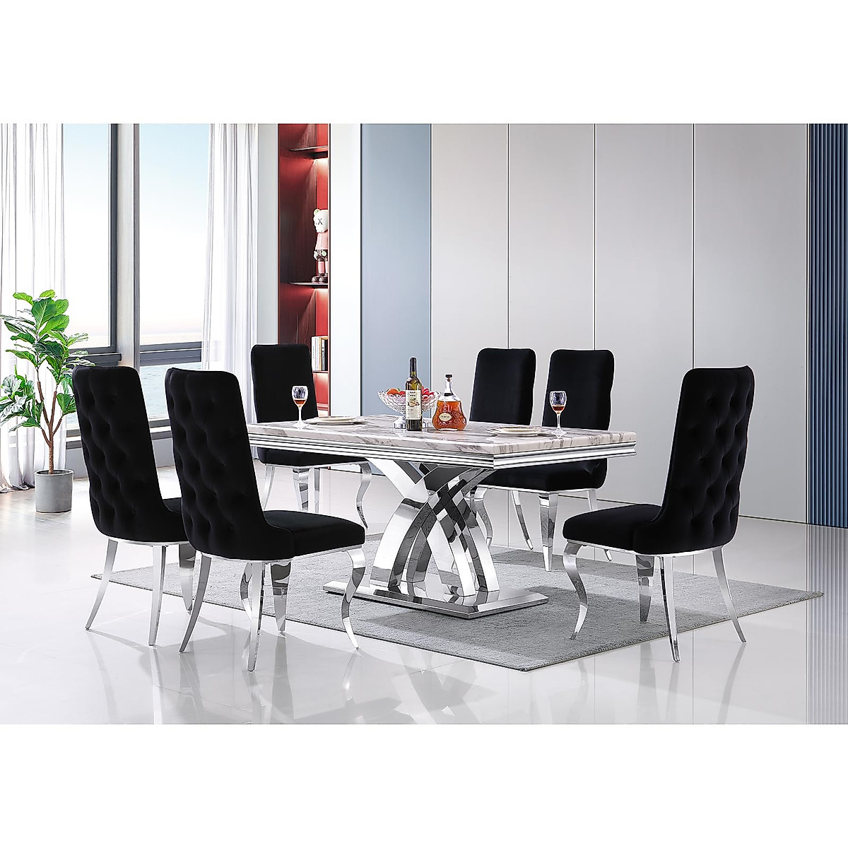 AUZ Dining Table, 65" Rectangular Modern Kitchen and Dining Room Table with Silver Double X Base in White Silver