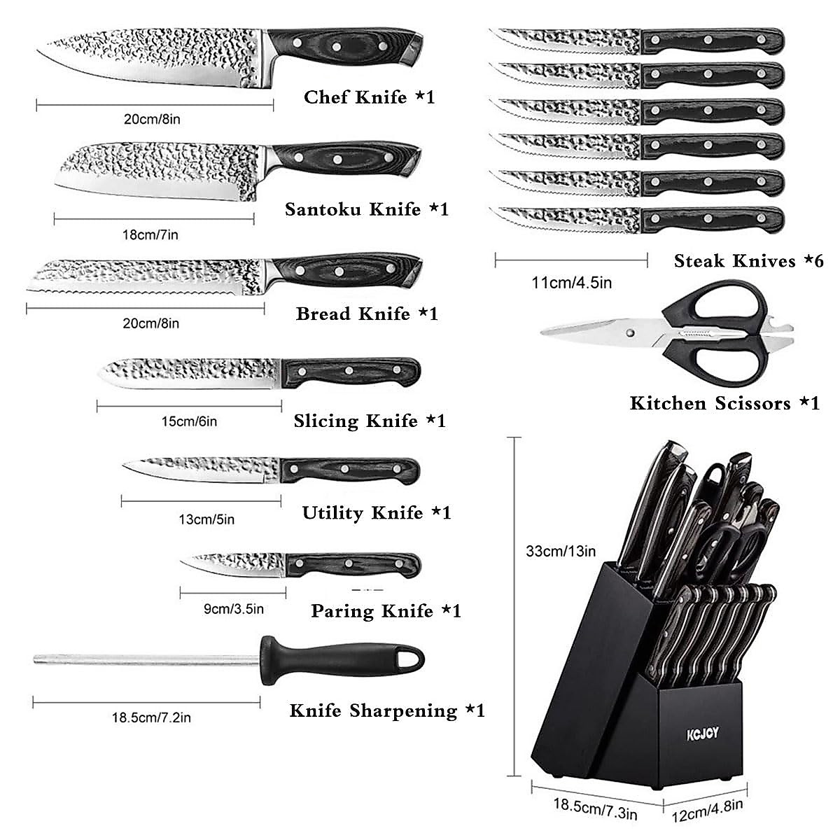 16-Piece Kitchen Knife Set,Ergonomic Wood Handle for Chef Knife Set,Knife Block Set for Chopping,Bread Knife,Santoku Knife,Knife Sharpening And Paring Knife & More,Unique Hammered Design