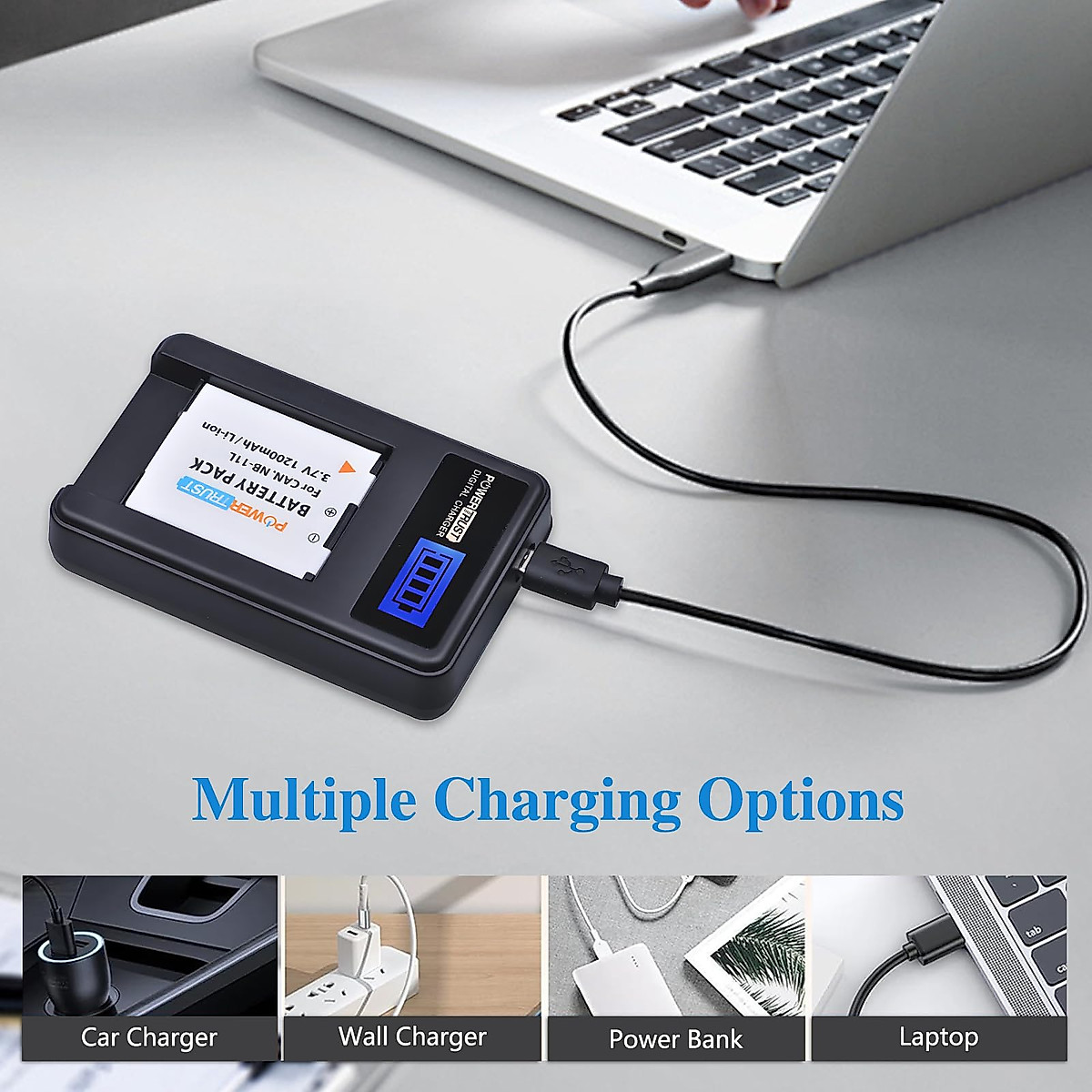 PowerTrust 2 Pack 3.7v NB-11L Replacement Battery and NB-11LH LCD USB Charger for Canon PowerShot A2300 IS, A2400 IS, A2500, A2600, A3400 IS, A3500 IS, A4000 IS, ELPH 110 HS, ELPH 115 HS, ELPH 130 HS,