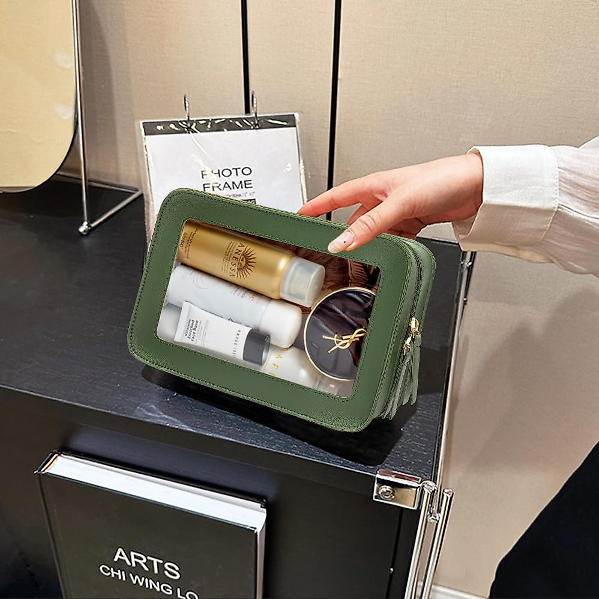 FFpaw Clear Makeup Bag Organizer, TSA Approved Portable Travel Toiletry Bag Clear Cosmetic Bag Case Small Make Up Bag Mini Makeup Pouch for Purse Transparent Car Essentials for Women Men (Green)