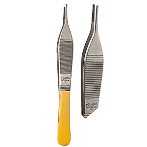 German Grade Adson Dressing Forceps Micro 4.75" with Tungsten Carbide Inserts and Gold Handle Premium Dental Instruments Cynamed