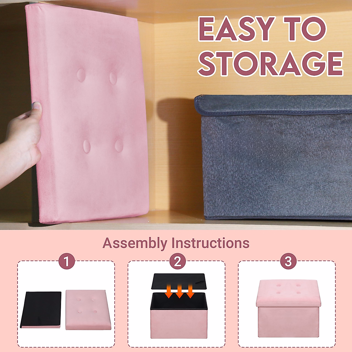 ZOES HOMEWARE Small Storage Ottoman Foot Rest, Velvet Ottoman with Storage and Side Pocket, Pink Foot Rest for Couch, Foldable Footstool Ottoman for Chair,Living Room&Dorm, 16"x12"x12" Pink