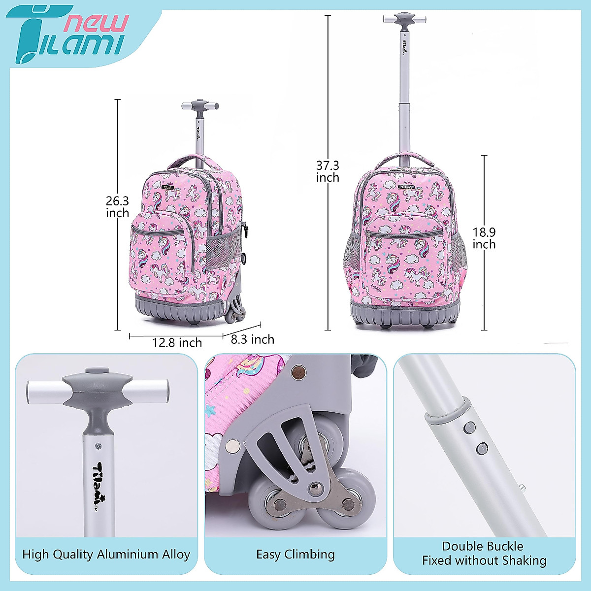 NEW TILAMI Unicorn Rolling Backpack for Kids, 18 Inches Adjustable Laptop Backpack with Wheels for Girls to School Travel Camping Boys Rolling Backpack