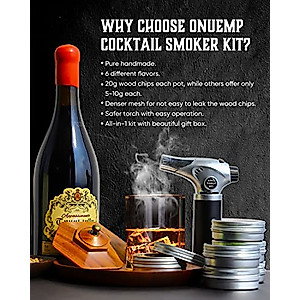 Cocktail Smoker Kit with Torch, ONUEMP Old Fashioned Kit with 6 Flavor Wood Chips for Whiskey and Bourbon, Aged Drink Smoker Infuser Kit, Smoke Top Bar Gifts for Whiskey Lovers Men Father (No Butane) …