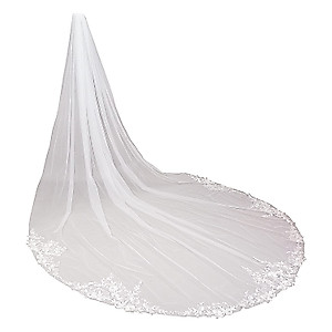 Vintage Floral Wedding Veil, One Layer Cathedral Bridal Veil, Lace Appliqued Soft Tulle Long Veil, Dramatic Bridal Accessory (118inches, Offwhite)